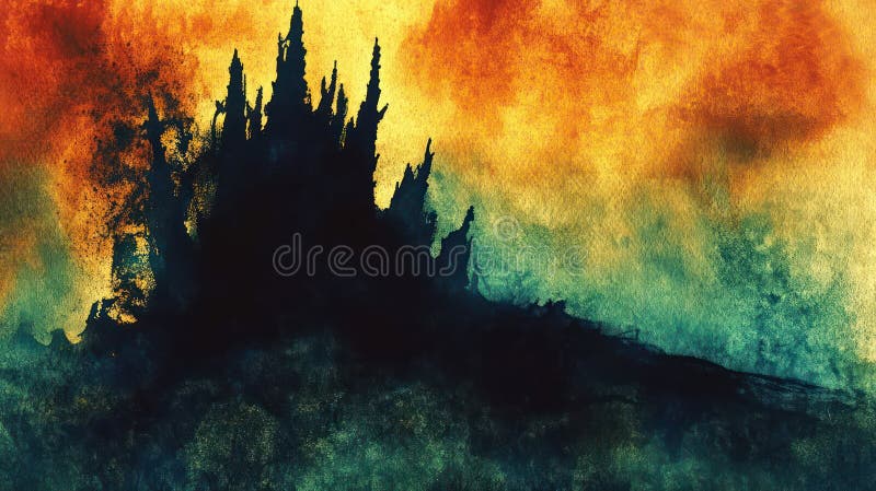 A Dramatic Silhouette of a Castle Against a Fiery, Abstract Background ...
