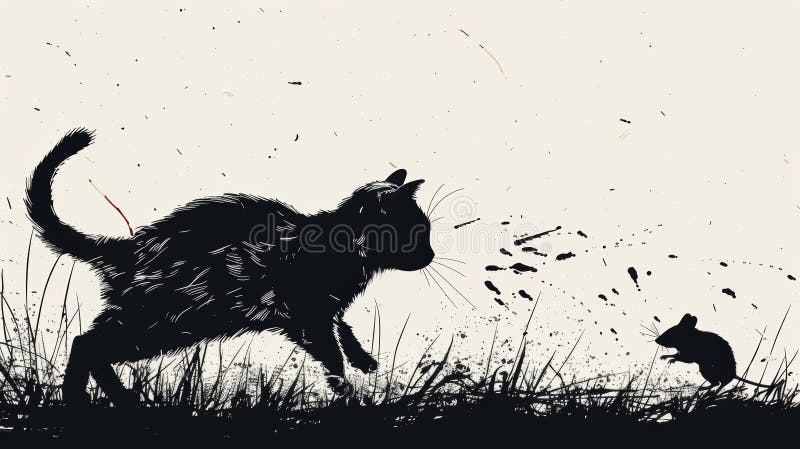 A Dramatic Silhouette of a Cat Chasing a Mouse in a Grassy Field ...