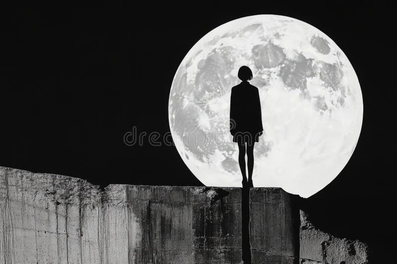 Dramatic Silhouette on Cliff Edge Under Full Moon - Concept of ...