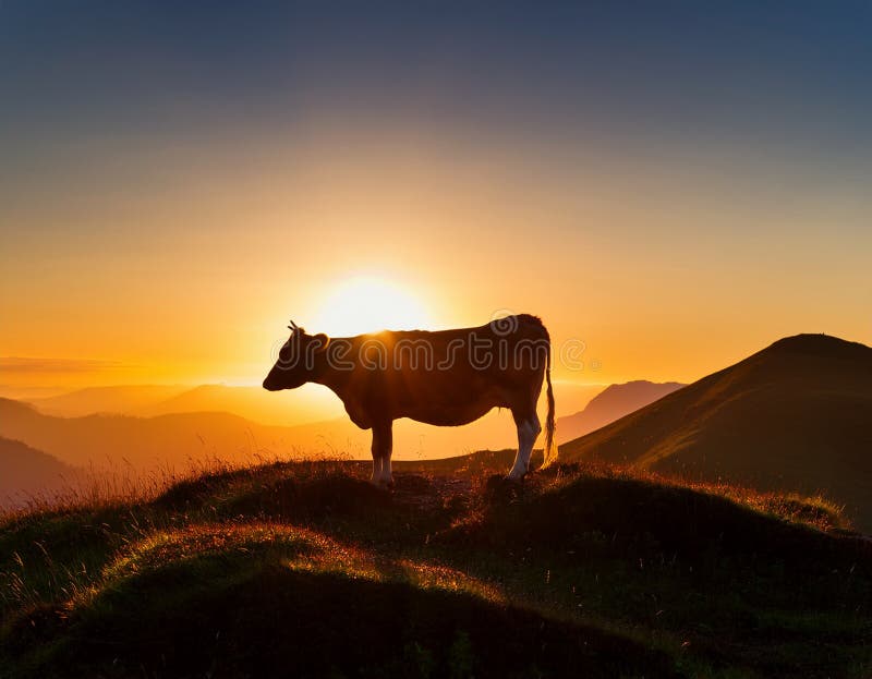Dramatic Silhouette of a Cow Standing on a Hill during Sunset Stock ...
