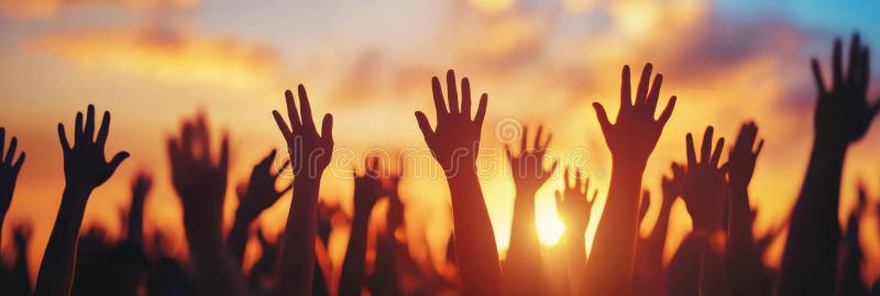 Dramatic Silhouette of a Diverse Crowd Raising Hands in Unity during a ...