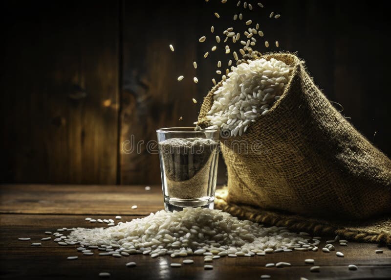 Dramatic Silhouette of Falling Rice Grains in a Footed Glass on a ...