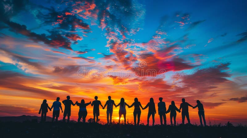 Dramatic Silhouette of Friends Holding Hands at Sunset, Celebrating ...