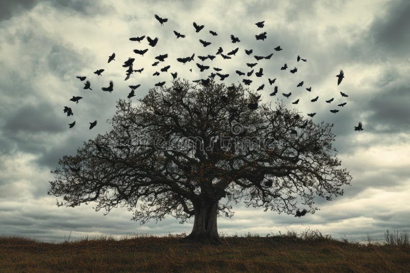 Dramatic Tree Silhouette Flock Birds Moody Sky - Nature Environmental ...