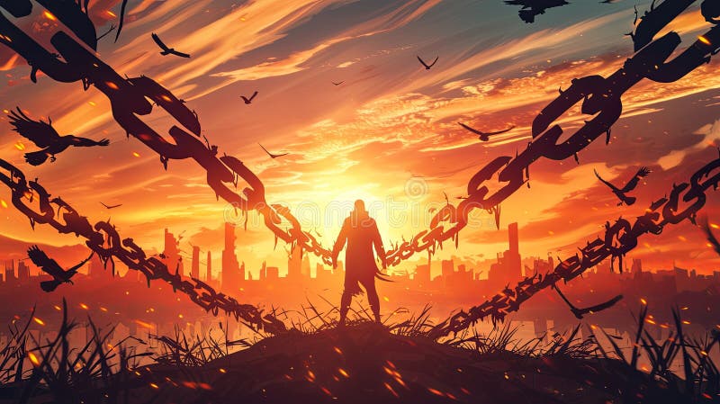 Dramatic Silhouette of a Man Breaking Free from Chains at Sunset Stock ...