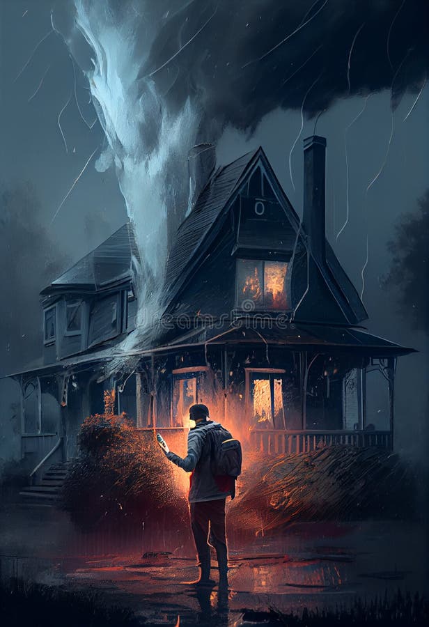 Dramatic Silhouette of Man in Front of Burning House Stock Illustration ...