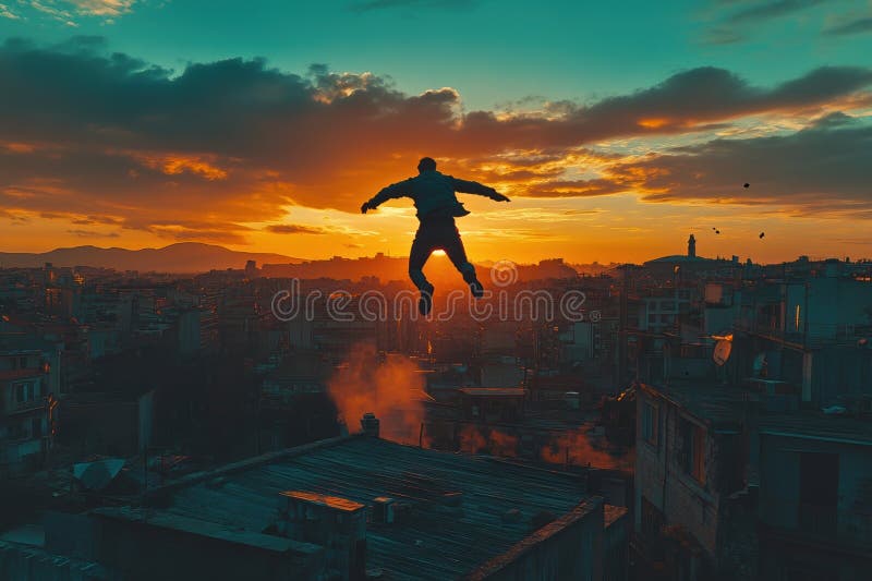 Dramatic Silhouette of Man Jumping Rooftop at Sunset Over Cityscape ...