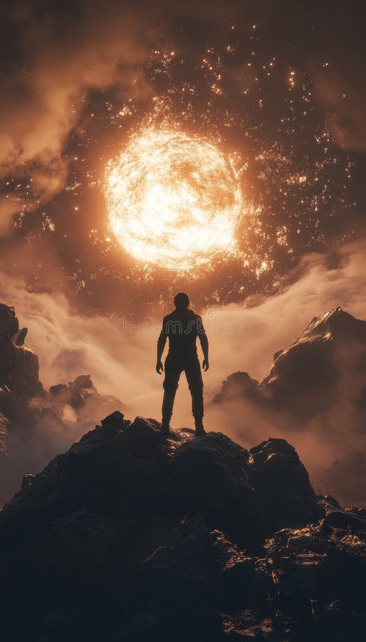 A Dramatic Silhouette of a Man on a Mountain Gazing at an Exploding Sun ...