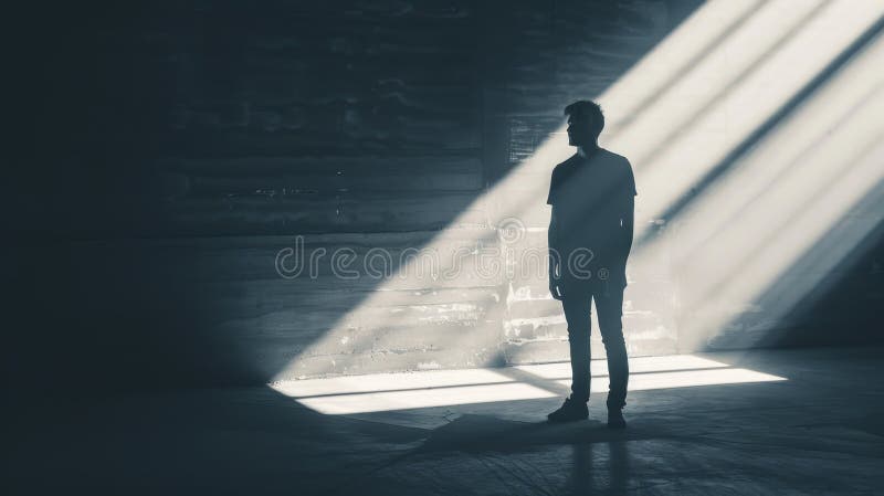 Dramatic Silhouette of Man Standing in Bright Light Casting Striking Shadow with Bold Contrast ...