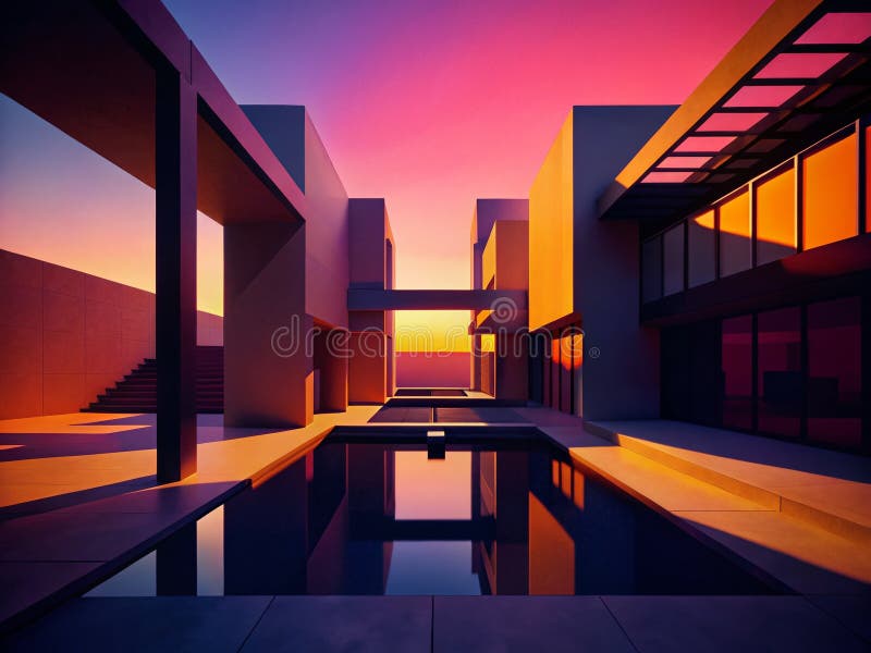 Dramatic Silhouette of a Modern Building Complexs Inner Courtyard at ...
