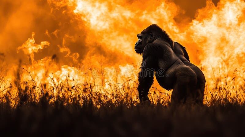 Dramatic Silhouette of Silverback Gorilla Against Fiery Backdrop Stock ...