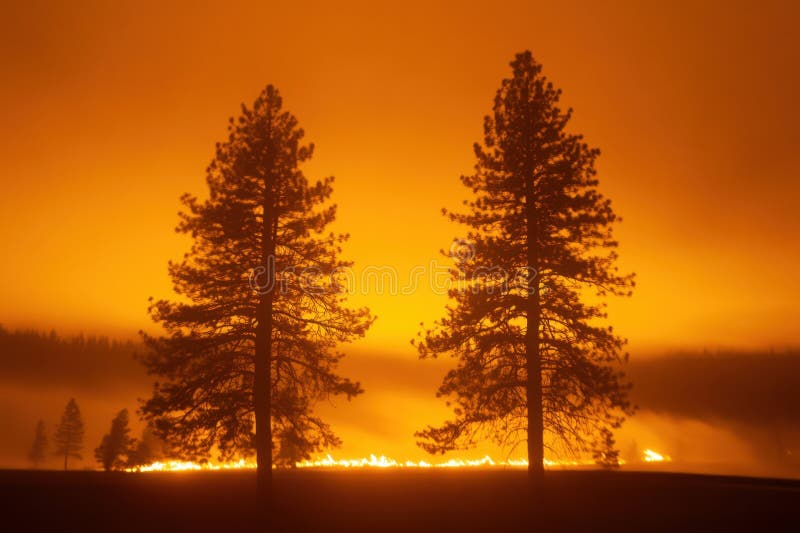 Dramatic Silhouette of Trees Against Bright Orange Wildfire at Night ...