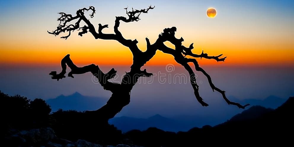 Dramatic Silhouette of Twisted Tree at Sunset with Moon Mountain ...