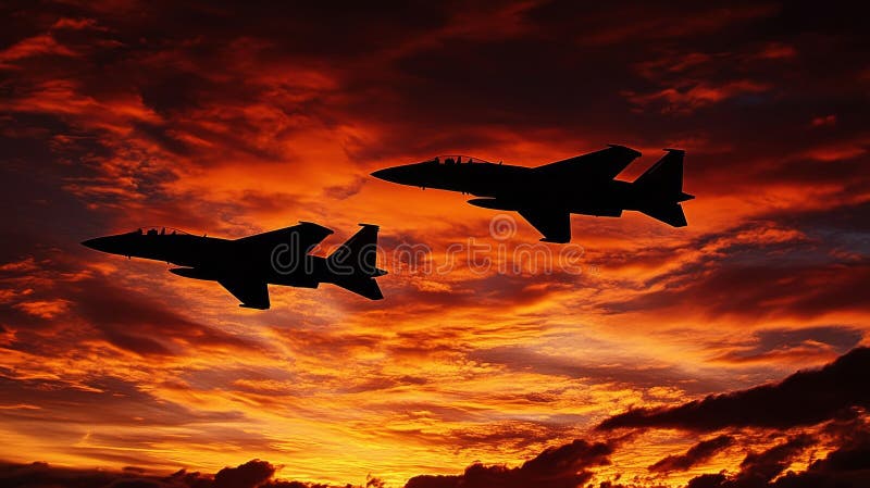 Dramatic Silhouette of Two Fighter Jets Soaring through Vibrant Sunset Clouds with Fiery ...