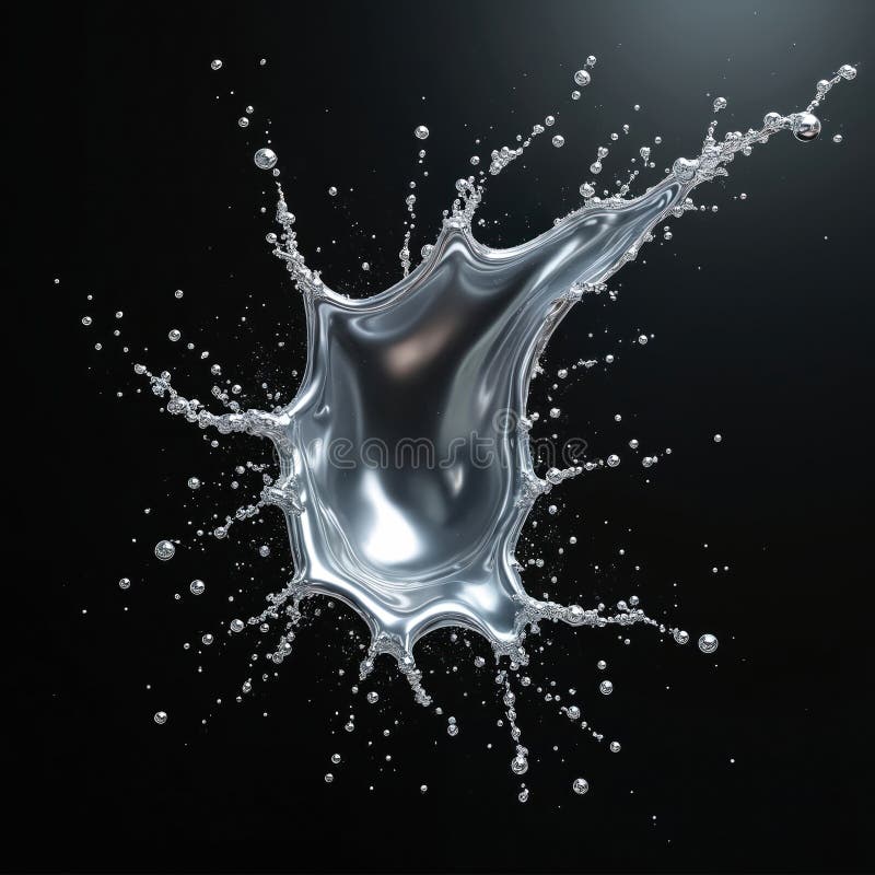 Dramatic Silver Splash with Water Droplets on Black Backdrop. Liquid ...