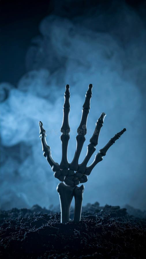 Dramatic Skeleton Hand Emerging from Dark Earth with Smoke in a Horror ...
