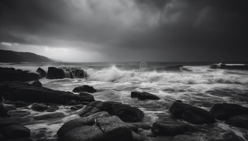 Dramatic Sky and Breaking Waves at Waters Edge, Monochrome Beauty ...