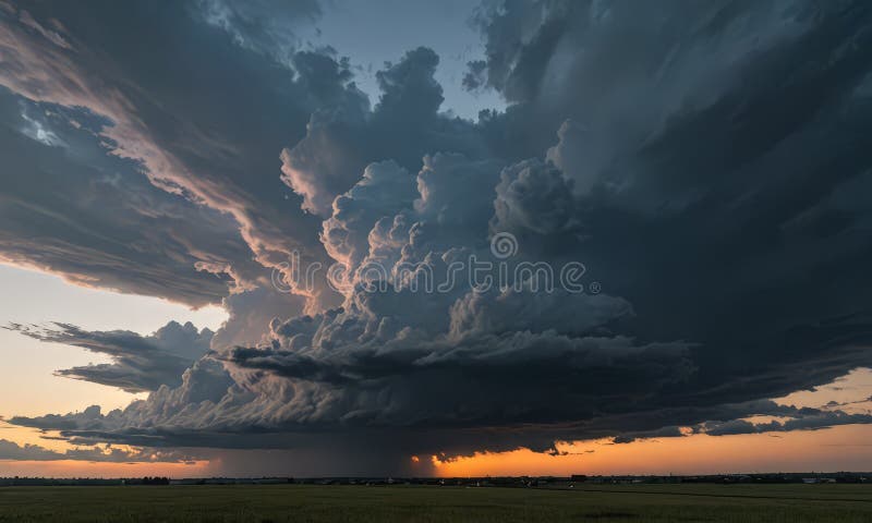 Dramatic Sky with Dark Clouds and Large, Ominous Cloud Formation Looms Over Grassy Field, with ...