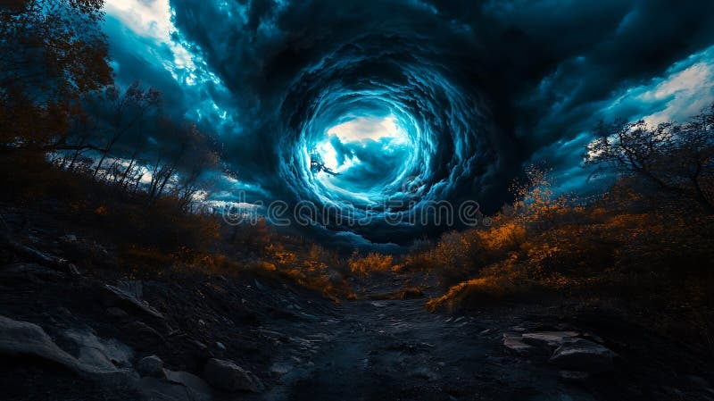 A Dramatic Sky Displays a Swirling Vortex of Dark Blue Clouds with a ...