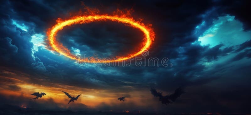 Dramatic Sky with Fiery Ring and Flying Dragons in a Fantasy Landscape ...