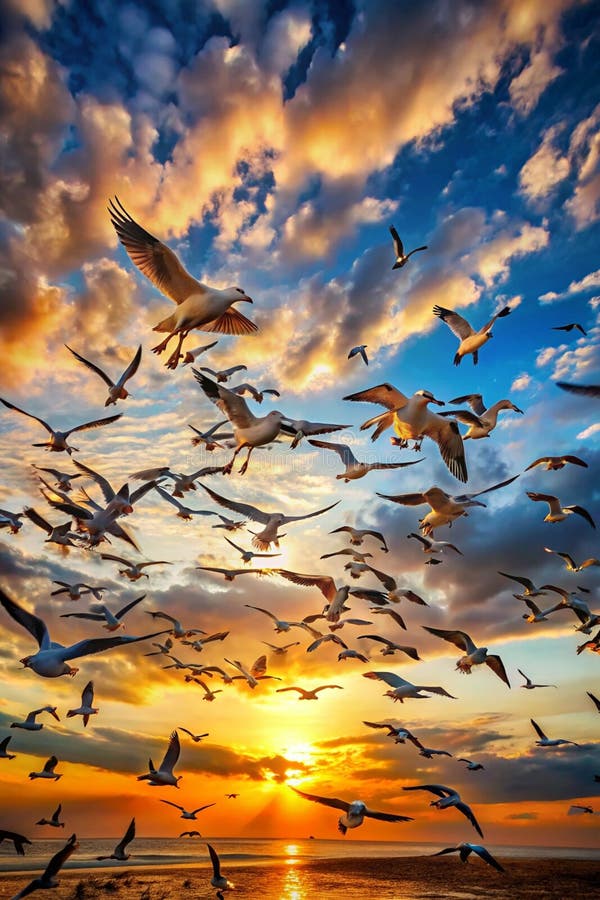 Many Birds Flying on Dramatic Sky Background Stock Illustration ...