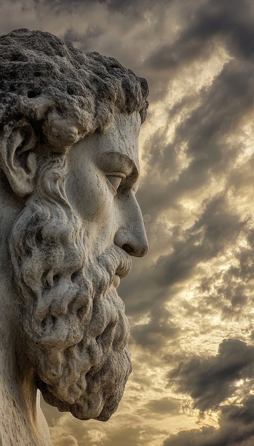 Dramatic Sky Highlights Ancient Stone Sculpture of Bearded Figure in ...
