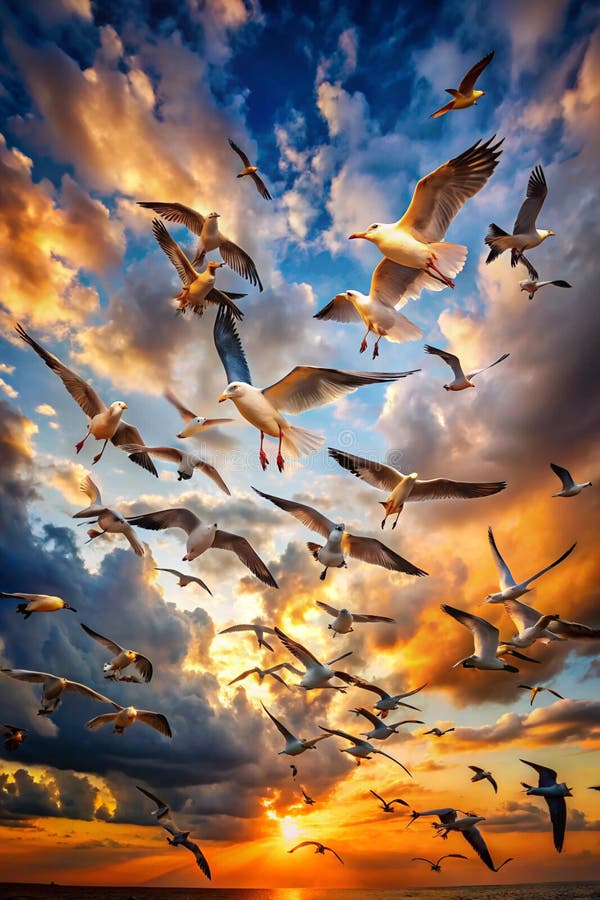 Many Birds Flying on Dramatic Sky Background Stock Illustration ...