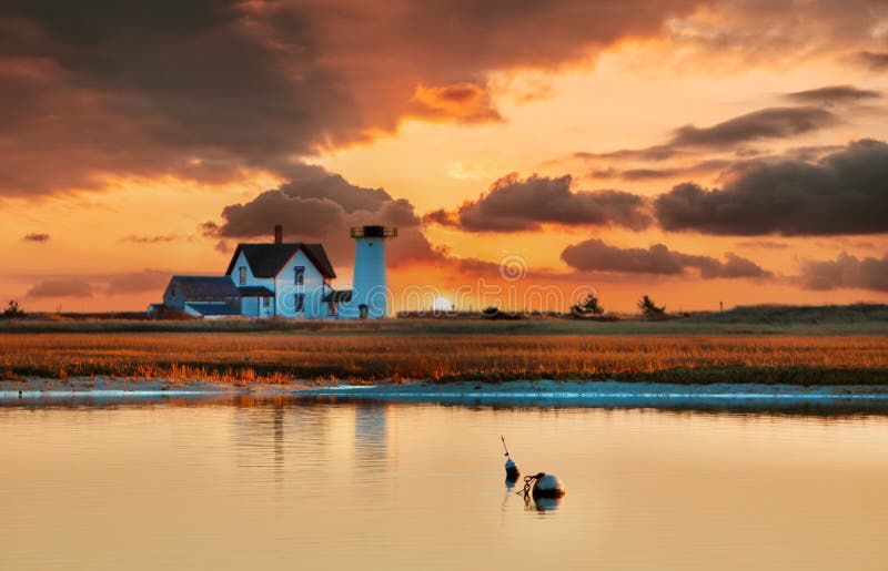 Chatham, Cape Cod Sunset at Stage Harbor Lighthouse Stock Image - Image ...
