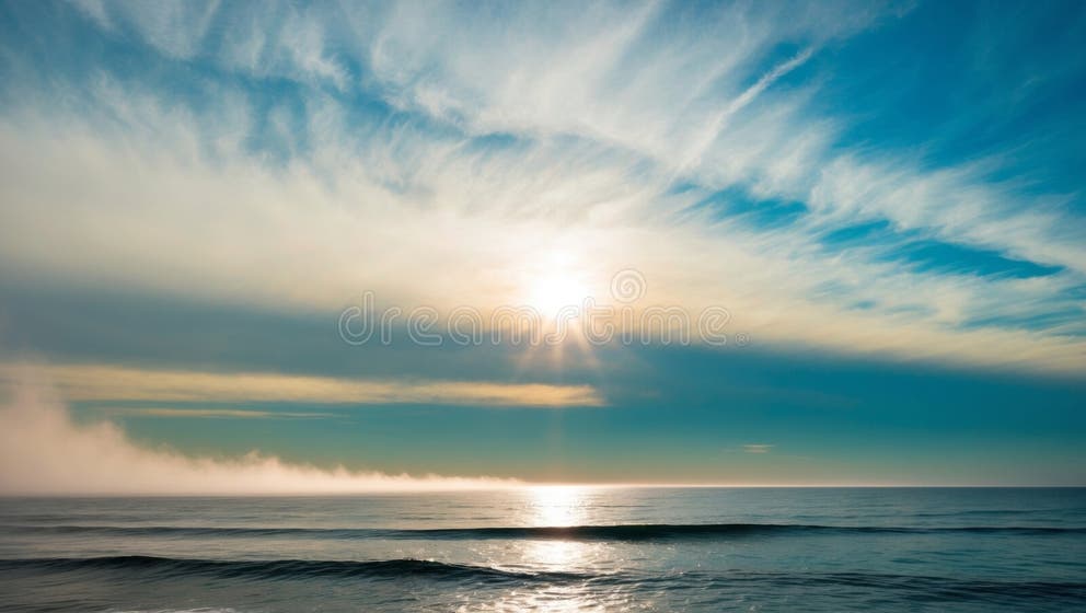 Dramatic Sky and Ocean with Sunburst Effect. Stock Image - Image of ...