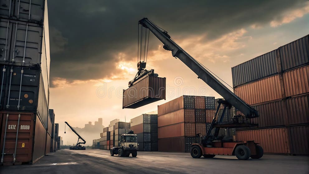 Dramatic Sky Over Cargo Shipping Container Yard with Container Handler ...
