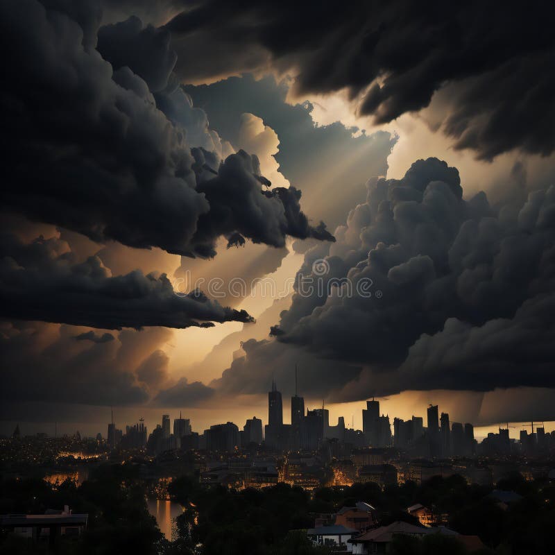 Dramatic Sky Over the City with Dark Clouds and Sun Rays. Generative Ai ...