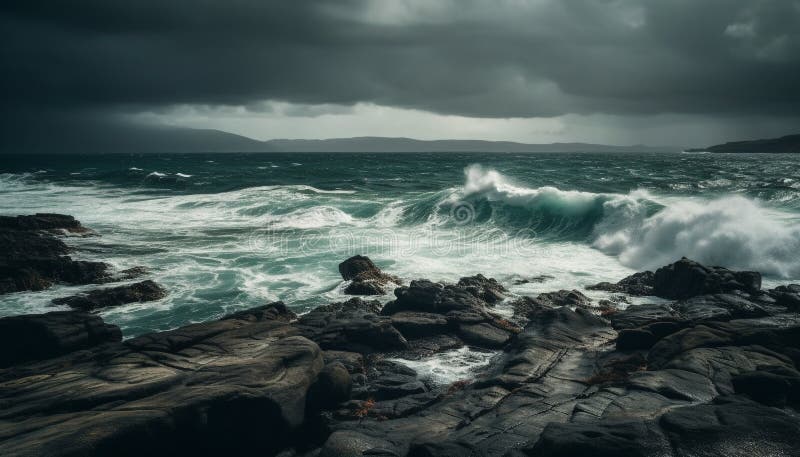 Dramatic Sky Over Dark Cliff, Breaking Wave on Wet Coastline Generated ...
