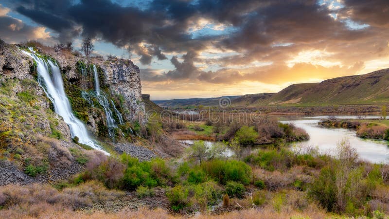 Dramatic Sky Over Hagerman Valley in Idaho with a Huge Waterfall Stock ...