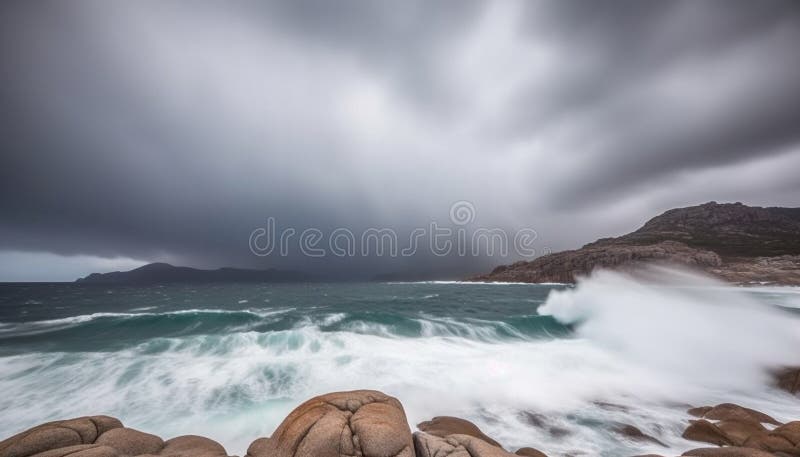 Dramatic Sky Over Mountain and Cliff, Breaking Wave on Stone Generated ...