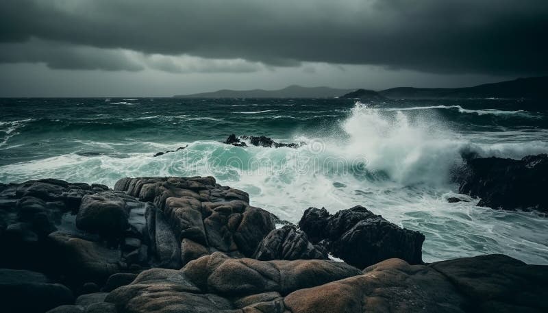 Dramatic Sky Over Rough Waters, Waves Breaking on Rocky Coastline ...