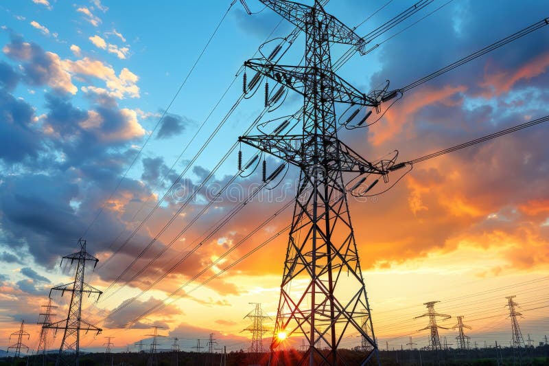 Dramatic Sky Over Steel Power Pylon Construction with High Voltage ...