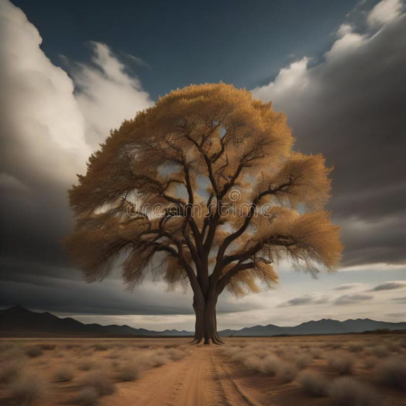 Dramatic Sky Over a Tree in the Desert. Generative Ai Stock ...
