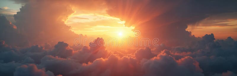 Dramatic Sky Panorama with Sun Breaking through Storm Clouds. Sunlight ...