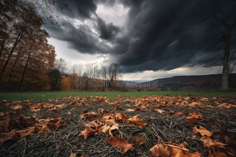 Dramatic Sky with Powerful Storm Clouds and Fallen Leaves in the ...