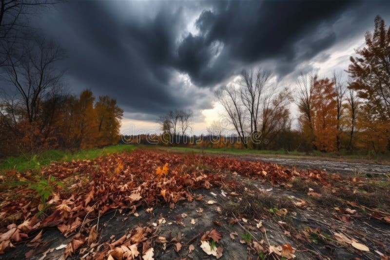Dramatic Sky with Powerful Storm Clouds and Fallen Leaves in the ...