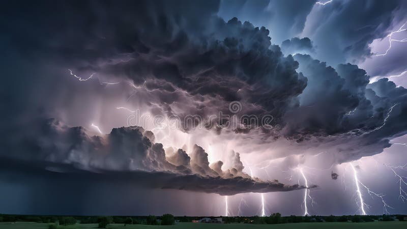 Dramatic Sky with Rolling Storm Clouds and Brilliant Lightning Streaks ...