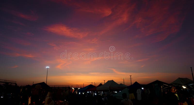 Dramatic Sky with Silhouette of Night Market Stock Photo - Image of ...