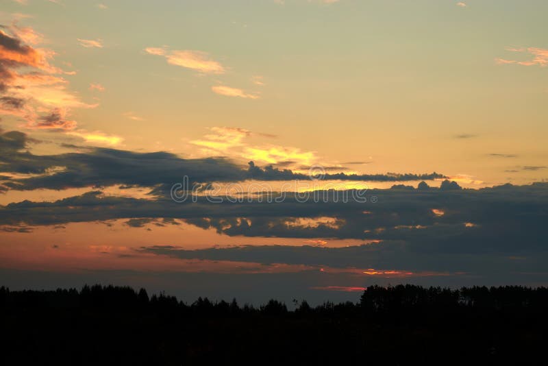 Dramatic Sky on Summer Sunset. Beautiful Clouds. Silhouette Pines ...