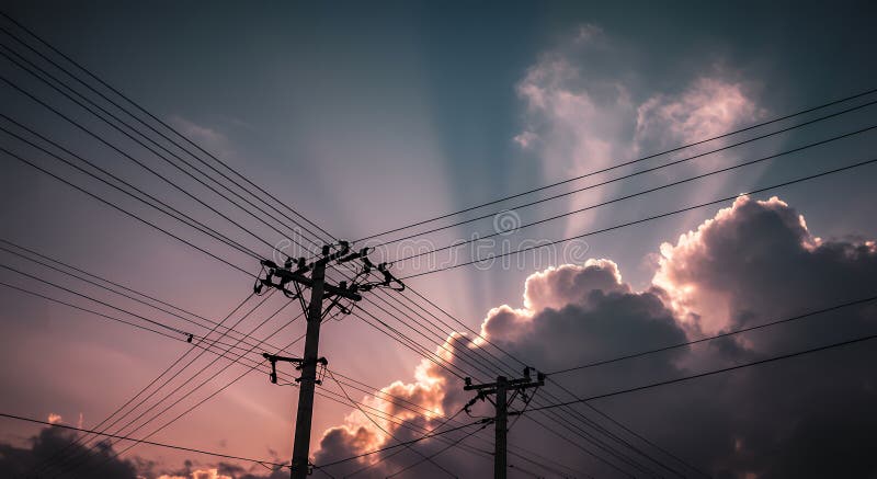 Dramatic Sky with Sun Rays and Clouds Behind Power Lines Stock ...