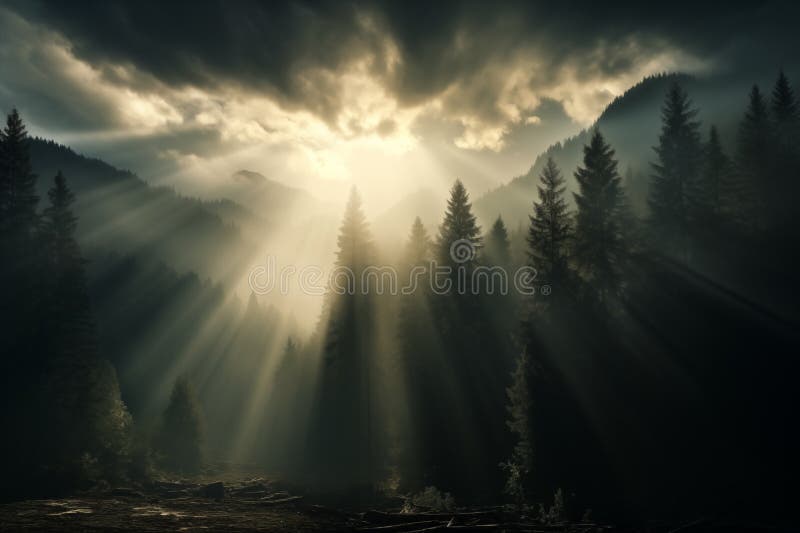 Sunrays Piercing through Clouds Over Forest. Stock Image - Image of ...