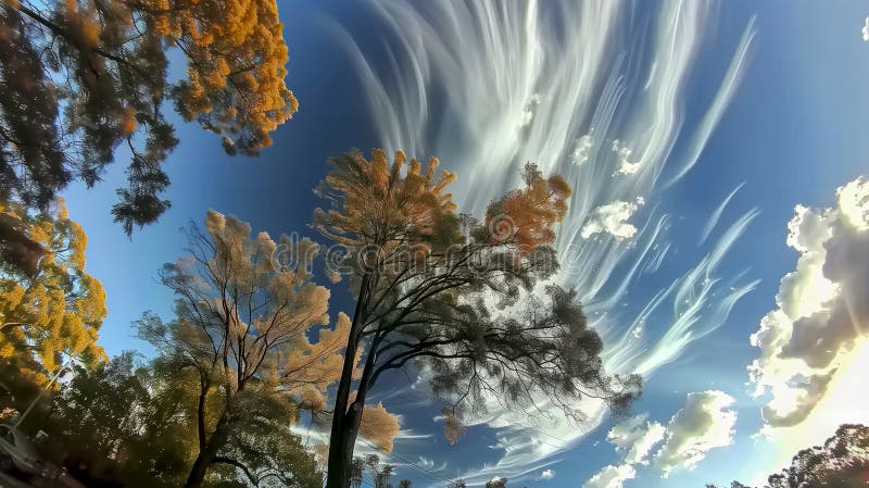 Dramatic Sky with Wispy Clouds and Autumn Trees Stock Illustration ...