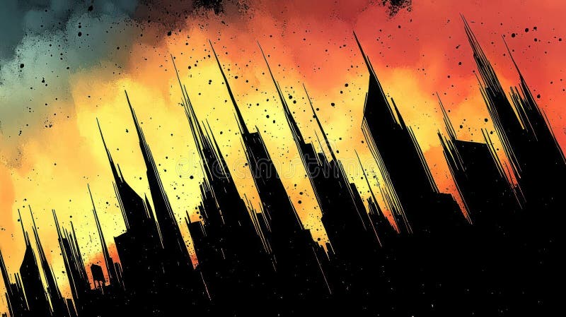 A Dramatic Skyline Silhouette Against a Fiery Sunset Backdrop Stock ...
