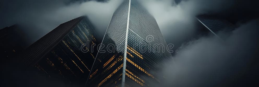 Dramatic Skyscraper in Fog with Illuminated Windows at Night Stock ...