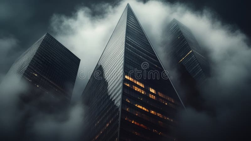 Dramatic Skyscrapers Shrouded in Clouds at Night with Illuminated ...