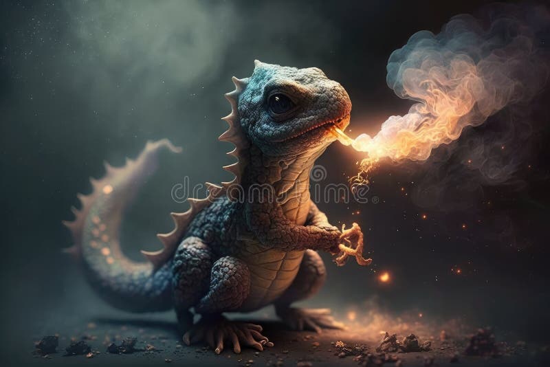Dramatic Smoke and Fire Effect Around Cute Little Dragon Stock Photo ...